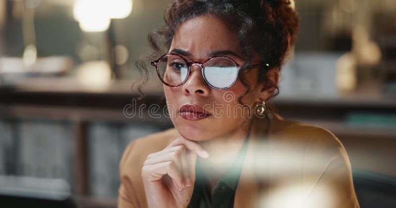 Business Woman, Computer and Thinking in Office with Connection and ...
