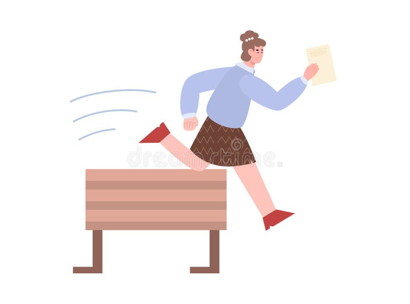 Business Woman With Document Jumps Over Obstacle Vector Illustration