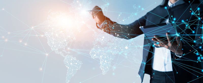 Business Woman Drawing Global Structure Networking and Data Exchanges ...