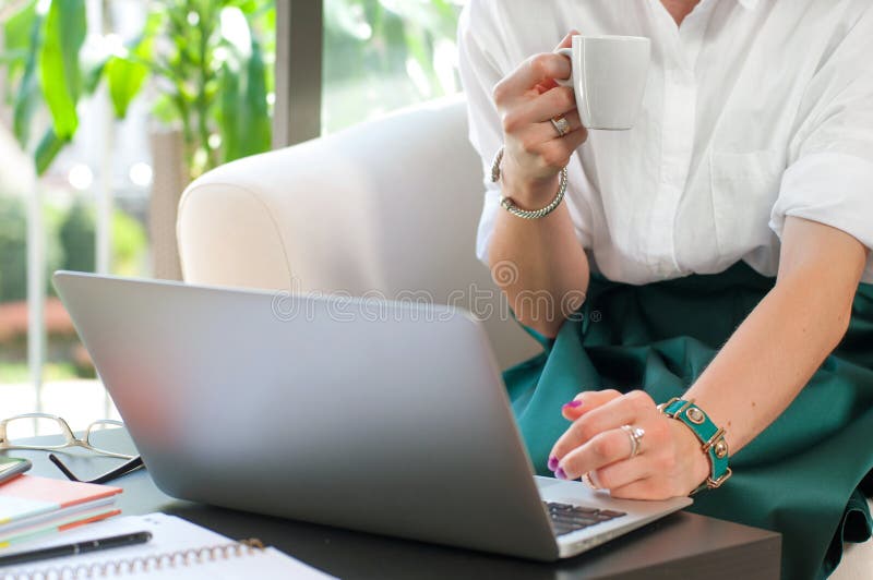 Business Woman Drinking Coffee and Using Computer Stock Image - Image ...