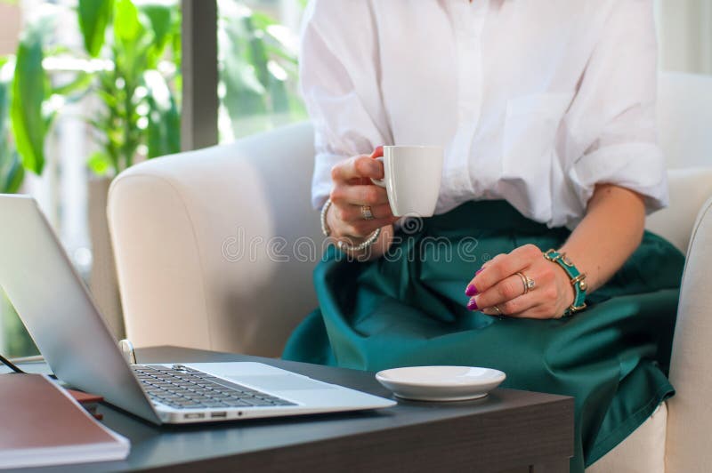 Business Woman Drinking Coffee and Using Computer Stock Photo - Image ...