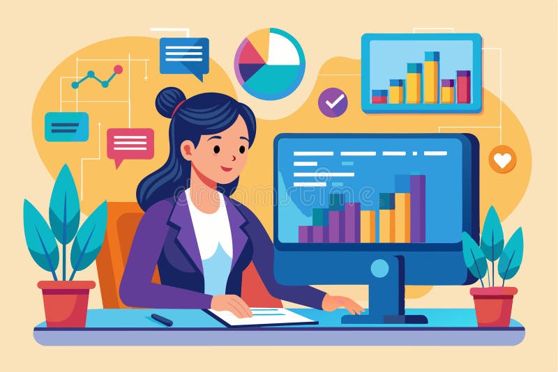 A Business Woman Examines Data Visuals on Her Computer Screen in a ...