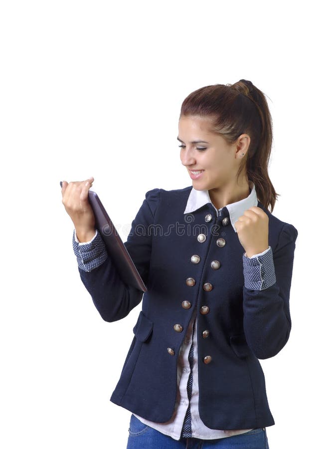 Business Woman Excited Looking at Touch Pad Pc Isolated Stock Image ...
