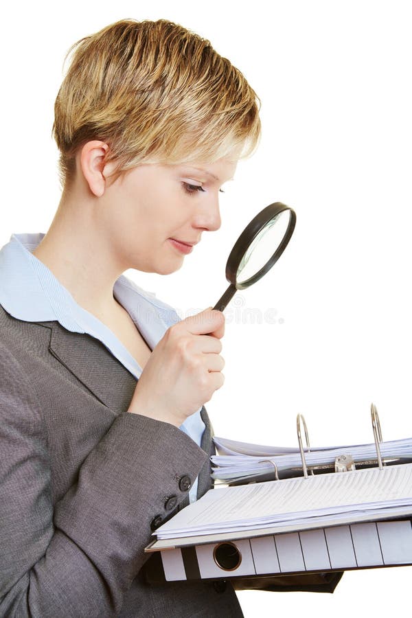 Business Woman with Files and Magnifying Glass Stock Image - Image of ...