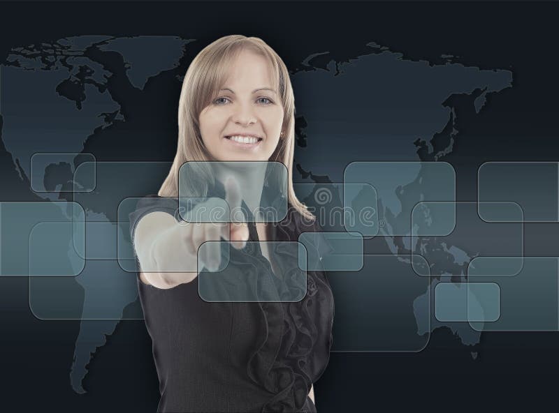 Business Woman Hand Pushing Solution Button on a Touch Screen in Stock ...