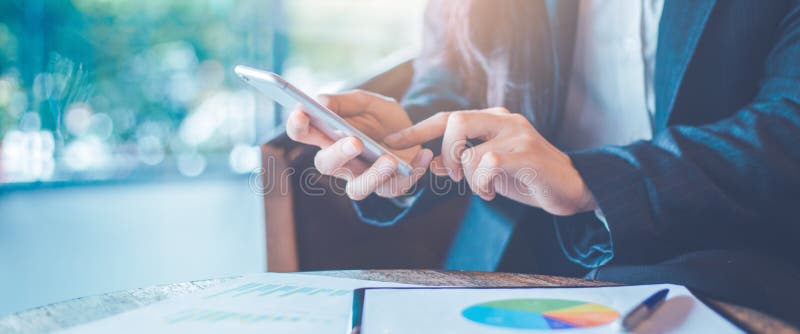 Business Woman Hand are Using Smartphone in Office.Web Banner. Stock ...