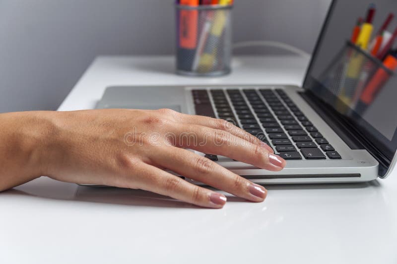 Business Woman Hand Working on Blank Screen Laptop Computer Stock Image ...