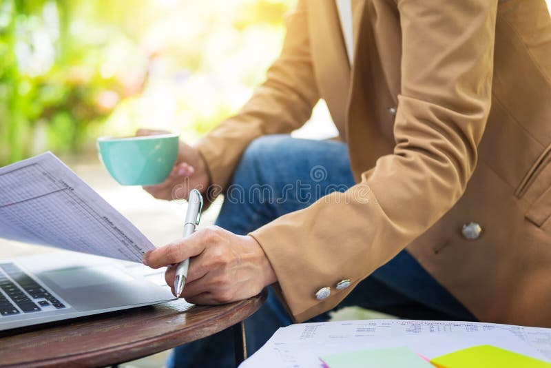 Business Woman Hand Working Using Laptop on Table in Garden. Stock ...