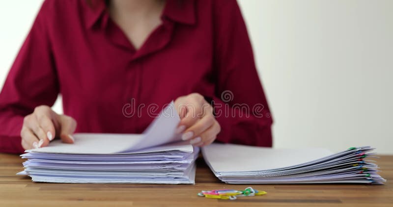 Business Woman Hands Look through Stack of Documents Sorting with Paper ...