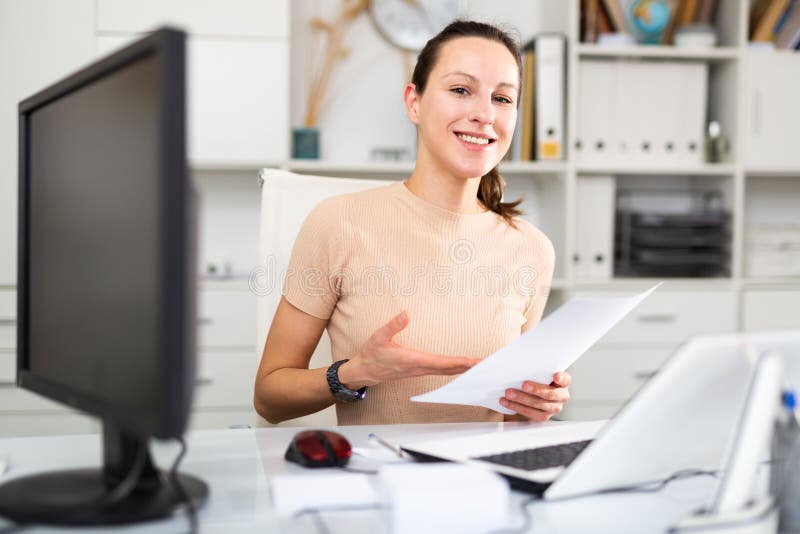 Business Woman Hands Over Document for Signing in Office Stock Image ...