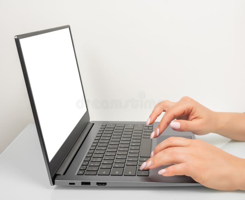 Business Woman Hands Using Mockup Laptop with White Blank Screen. Side ...