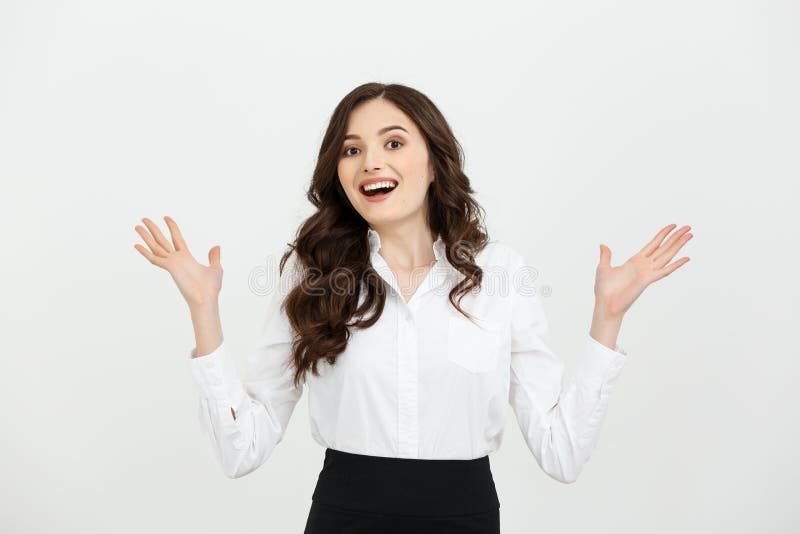 Business Woman Happy And Surprise Showing Product Beautiful Girl