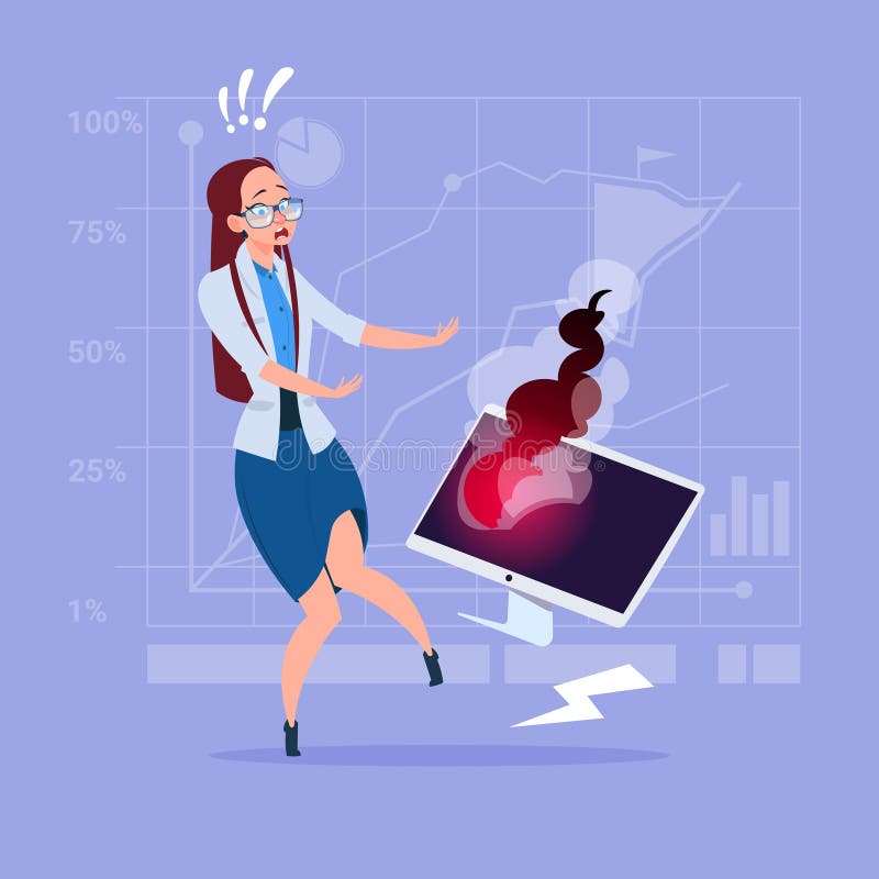 Business Woman Having Problem Working with Broken Computer Stock Vector ...