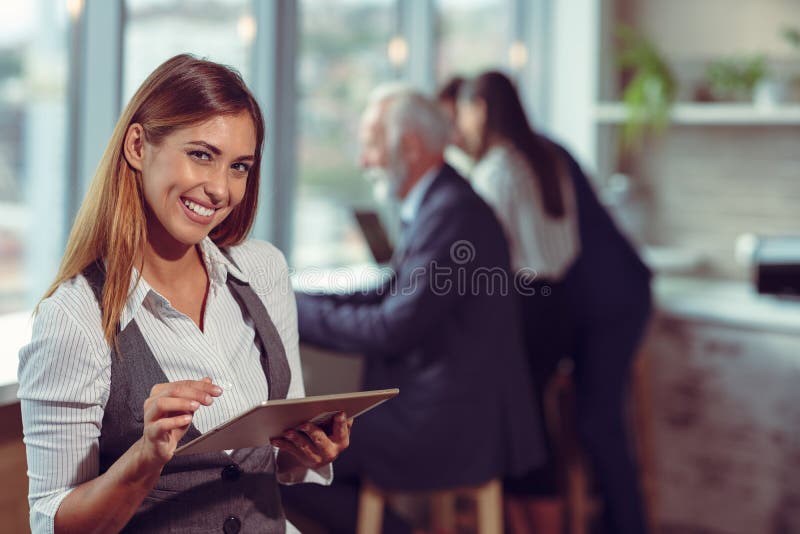 Business Woman Hold White Blank Paper. Young Smiling. Stock Photo ... Business Woman Hold White Blank Paper. Young Smiling. Stock Photo ...