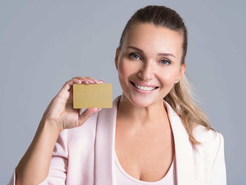 Business Woman Holding Credit Card Against Her Face Isolated Stock ... Business Woman Holding Credit Card Against Her Face Isolated Stock ...