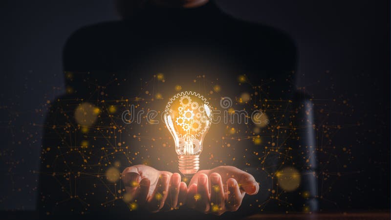 Business Woman Holding Light Bulb and Gear Inside, Idea and Innovation ... Business Woman Holding Light Bulb and Gear Inside, Idea and Innovation ...