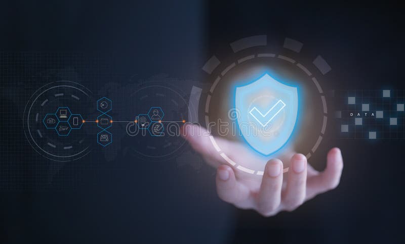 Business Woman Holding Shield Protect Icon on Virtual Screen ...