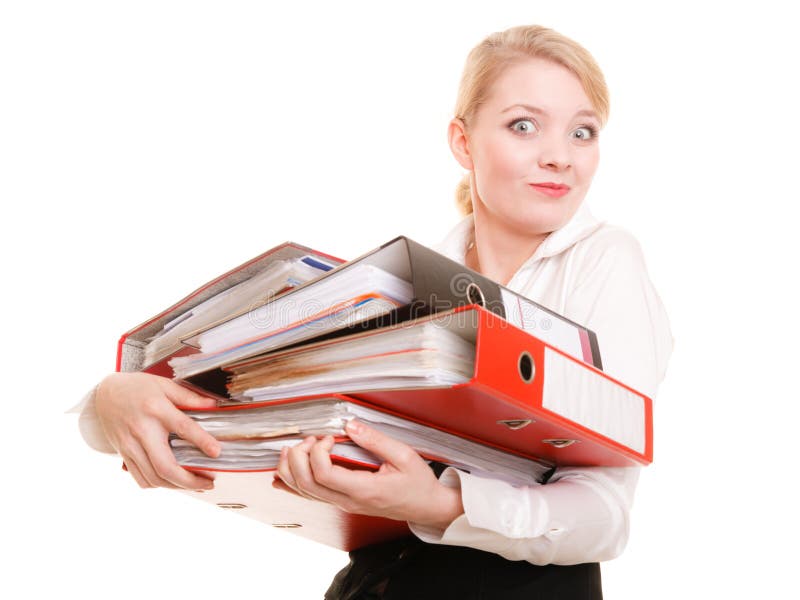 Young Overworked Business Woman Holding Stack Folders Documents Photos ... Young Overworked Business Woman Holding Stack Folders Documents Photos ...