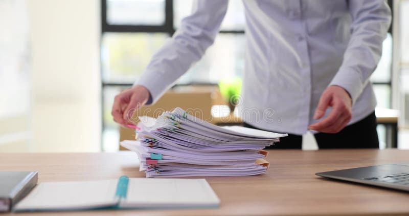 Stack of Overloaded Document Paper with Colorful Paper Clip on Table ...