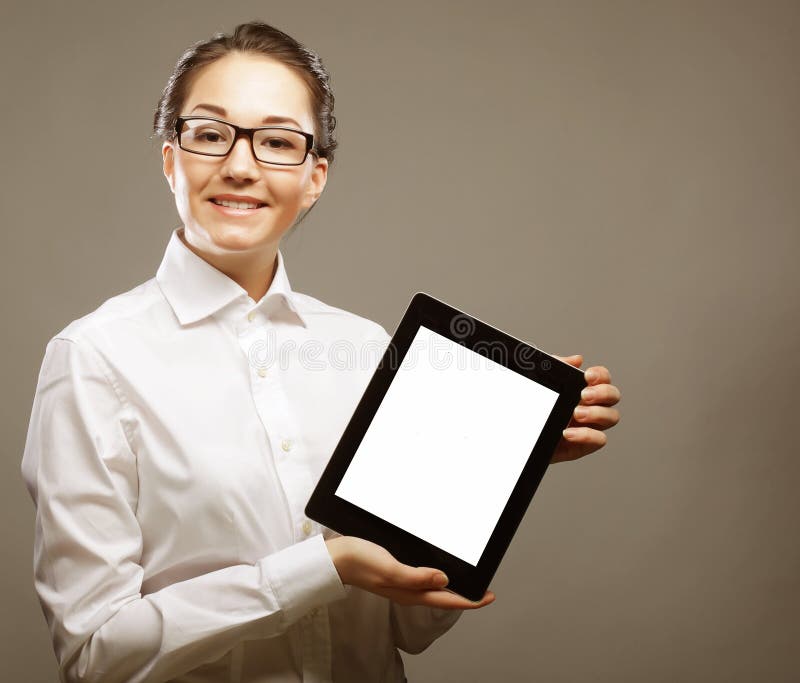 Full Length Image of Happy Business Woman Holding Laptop Computer Stock ...