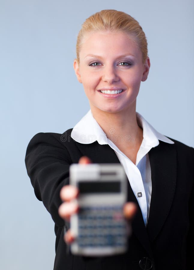 Business Woman Holding Up a Calculator Stock Photo - Image of black ...