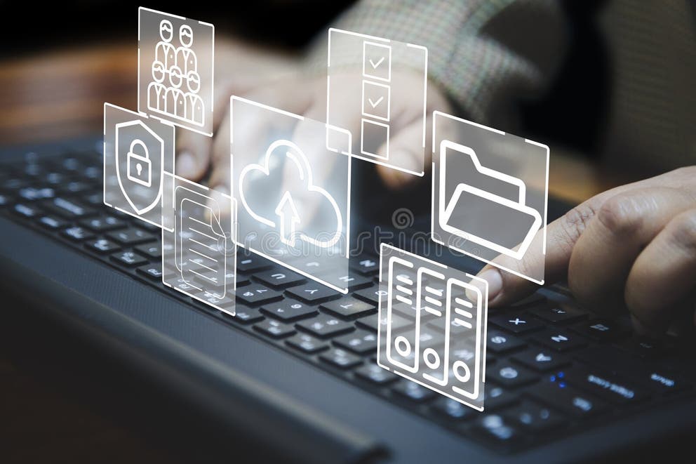 A Business Woman Interacts with Digital Icons Represent Online Document ...