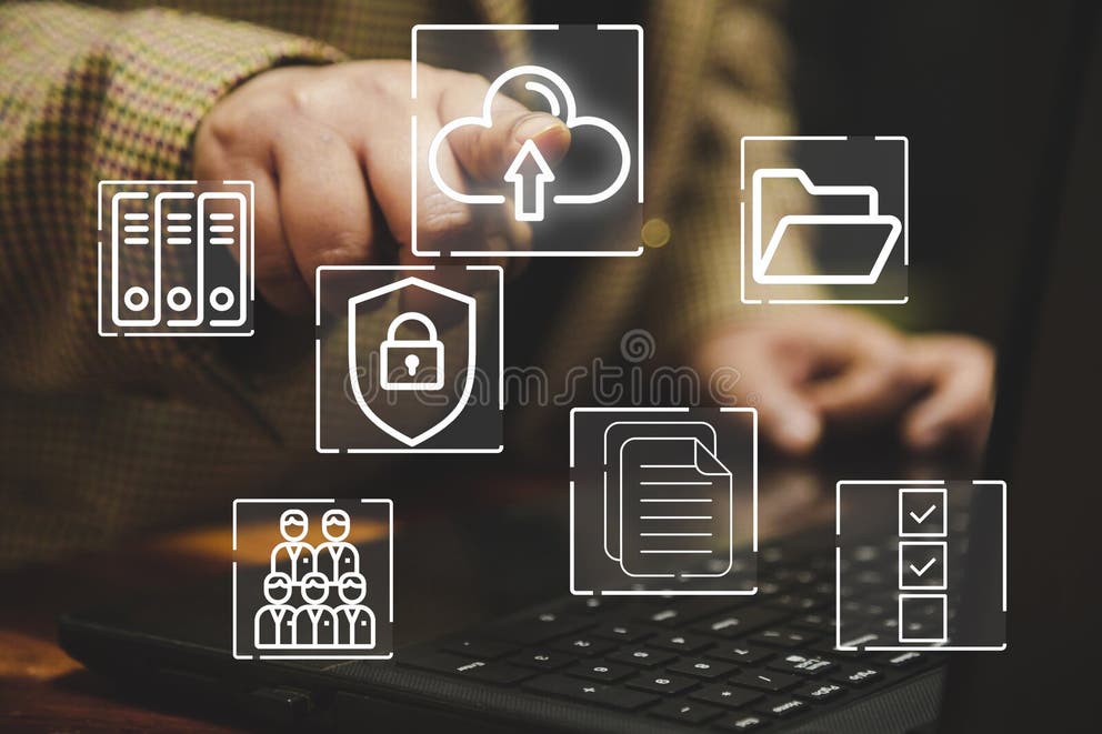 A Business Woman Interacts with Digital Icons Represent Online Document ...