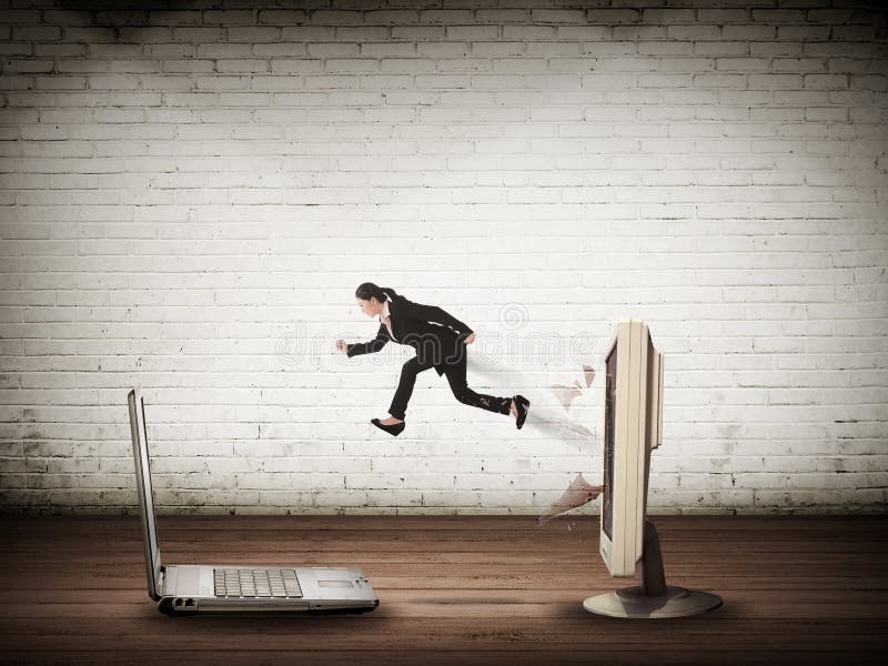 Business Woman Jumping from Desktop Computer To Laptop Stock Image ...