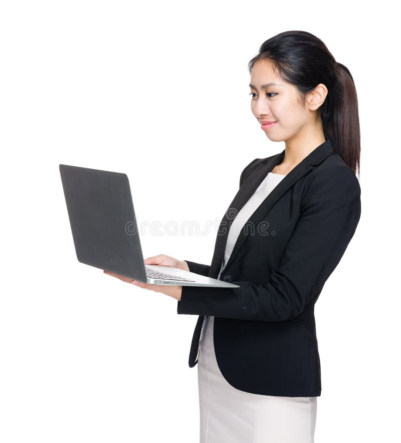 Business Woman Look at Computer Stock Image - Image of hold, portable ...