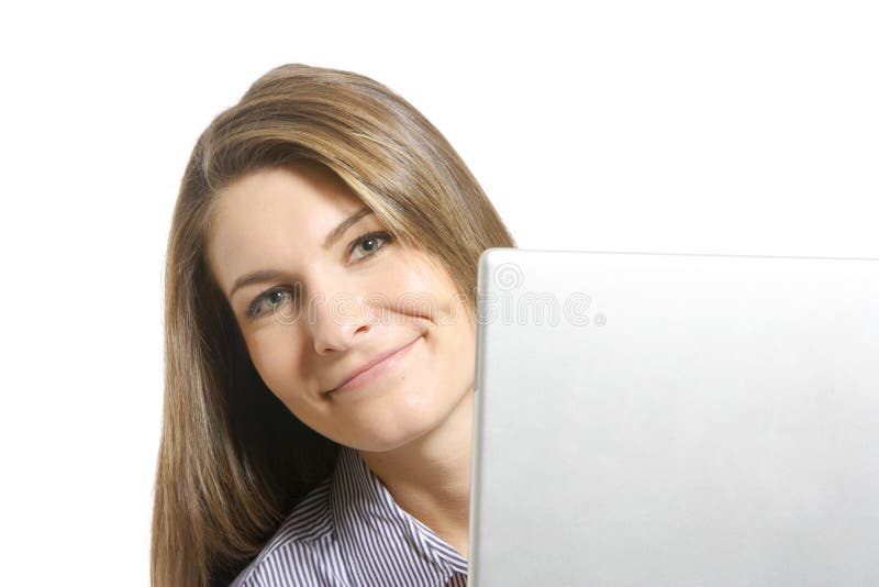 A Business Woman Looking Around Her Laptop Stock Image - Image of ...