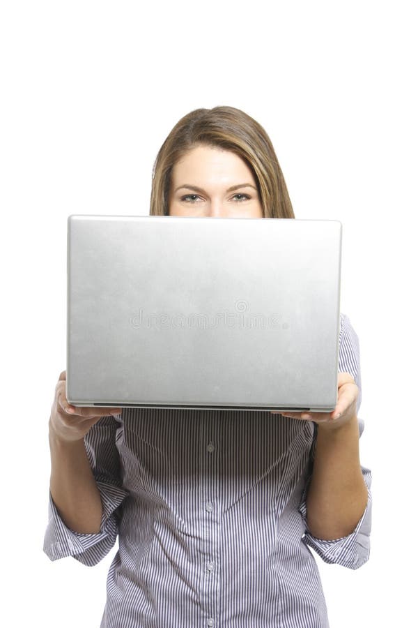 A Business Woman Looking Over Her Laptop Stock Photo - Image of feel ...