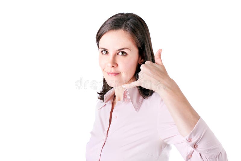 Business Woman Making a Call Me Sign and Smiling. Stock Image - Image ...
