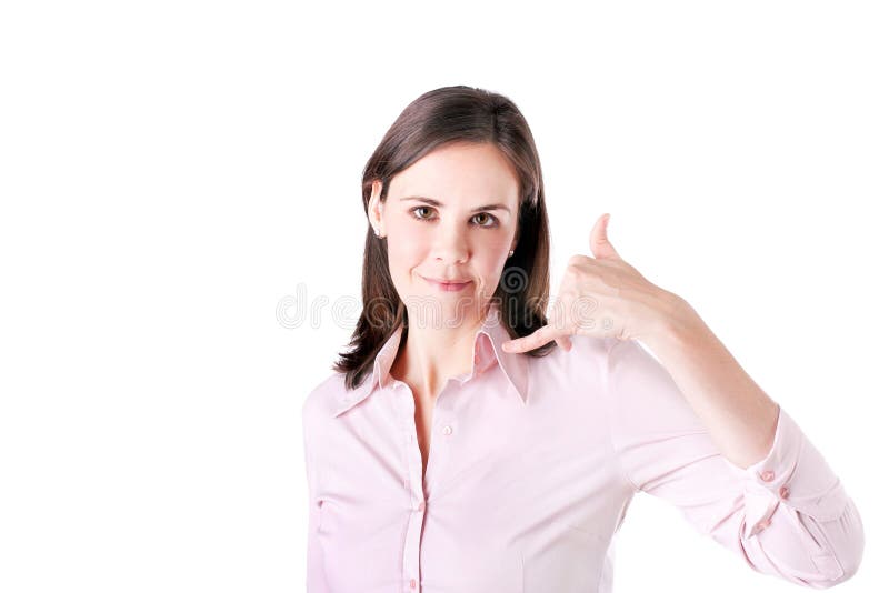 Business Woman Making a Call Me Sign and Smiling. Stock Photo - Image ...