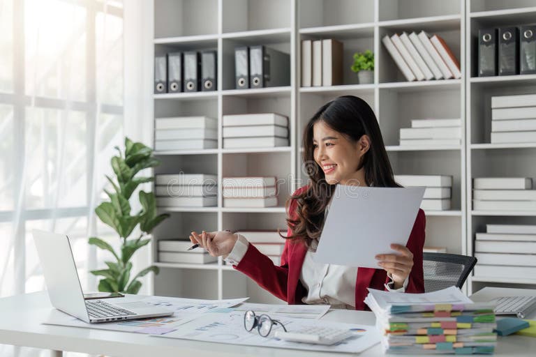 Business Woman Offices Working for Arranging Documents Unfinished Stack of Document Papers and ...