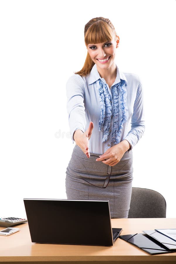 Business Woman with an Open Hand Ready for Handshake in Office Stock ...