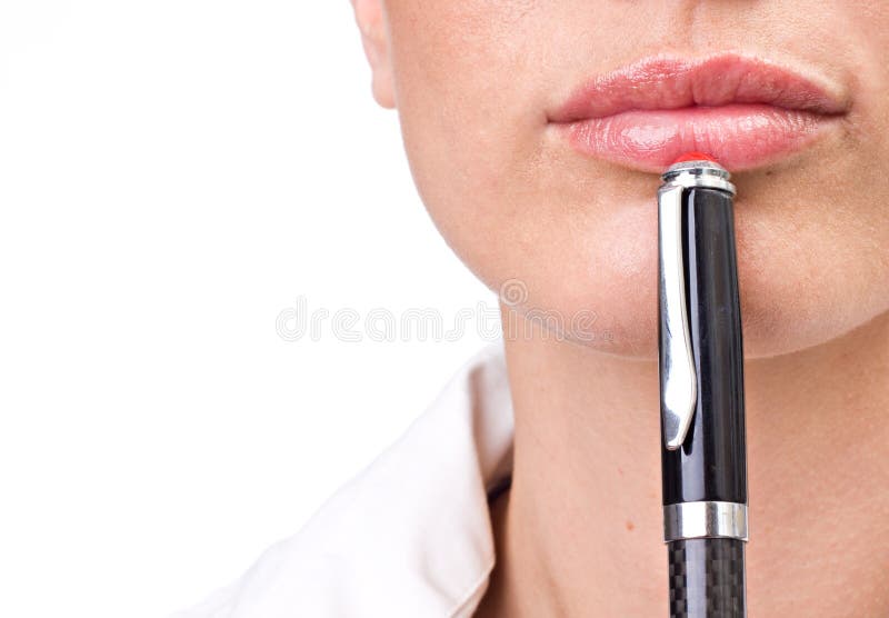 Business woman with pen stock photo. Image of pause, pondering - 5864854