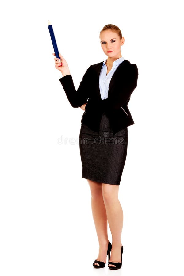 Business Woman Pointing for Copyspace or Something with Huge Pen Stock ...