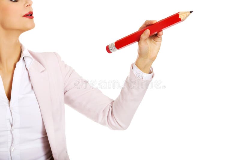 Business Woman Pointing for Copyspace or Something with Huge Pen Stock ...
