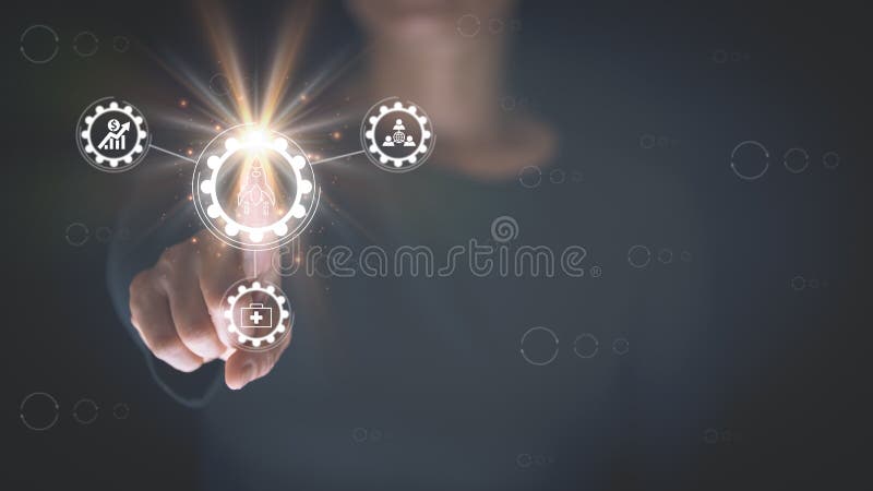 Business Woman Pointing Finger at Icon, Optimize Business Process ...