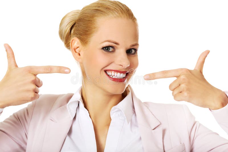 Business Woman Pointing at Her Happy Smile Stock Image - Image of fresh ...