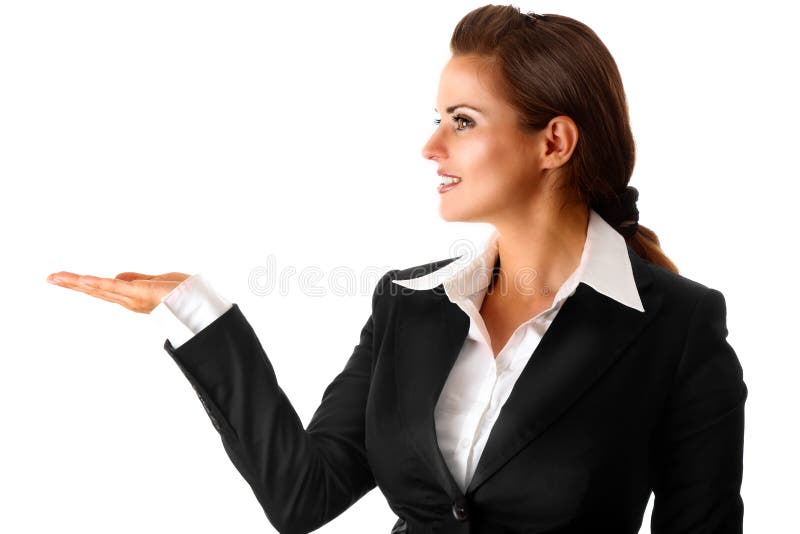 Business Woman Presenting Something on Empty Hand Stock Photo - Image ...