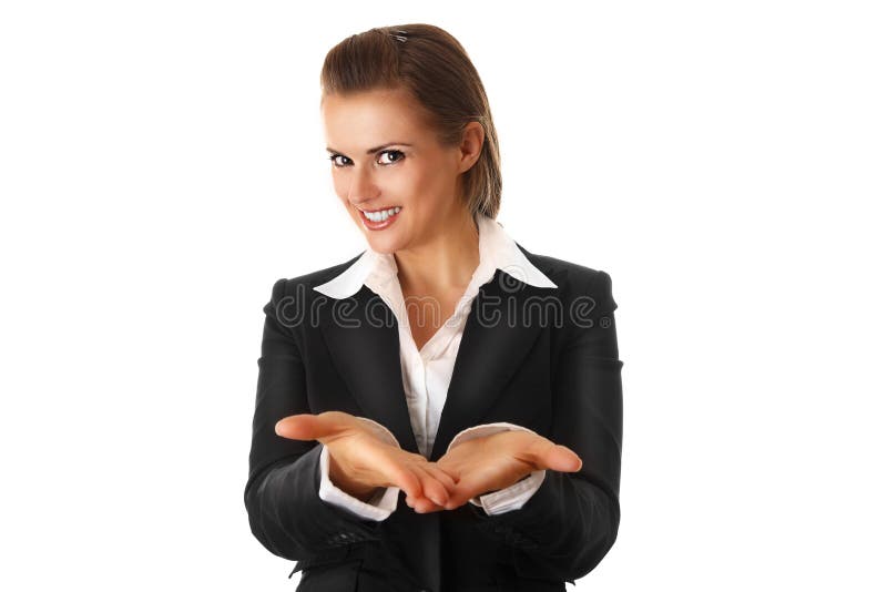 Happy Business Woman Presenting Something on Palm. Stock Image - Image ...