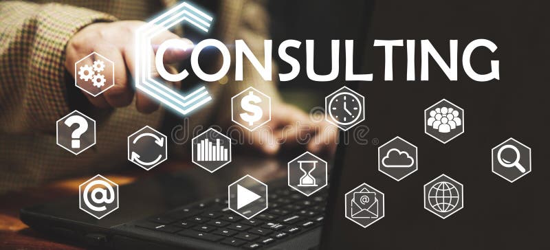 Business Woman Pressing on the Virtual Screen and Selecting "Consulting ...
