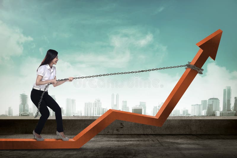 Business Woman Pulling Arrow with Chain Stock Image - Image of ...