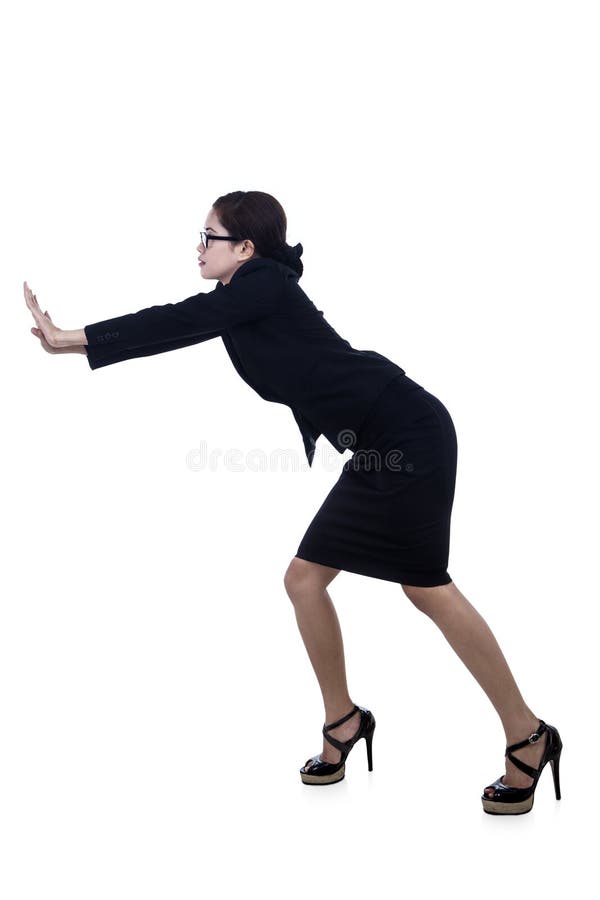 Business Woman Pushing Something Isolated in White Stock Image - Image ...