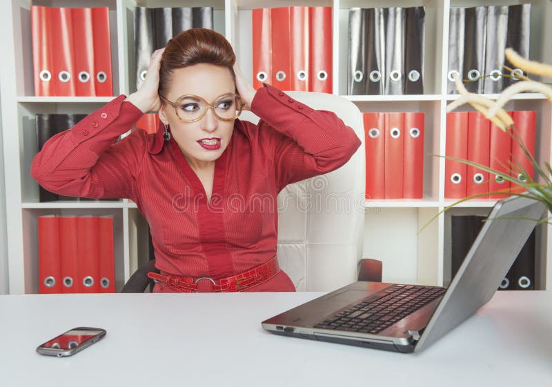 Business Woman Scared Working with Computer Stock Photo - Image of desk ...