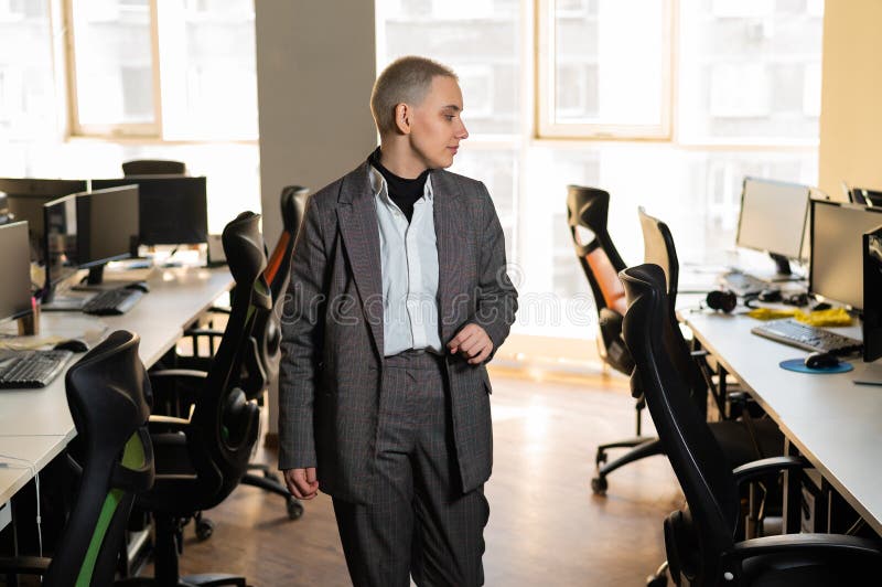 Business Woman with Short Haircut in Empty Office. Stock Image - Image ...