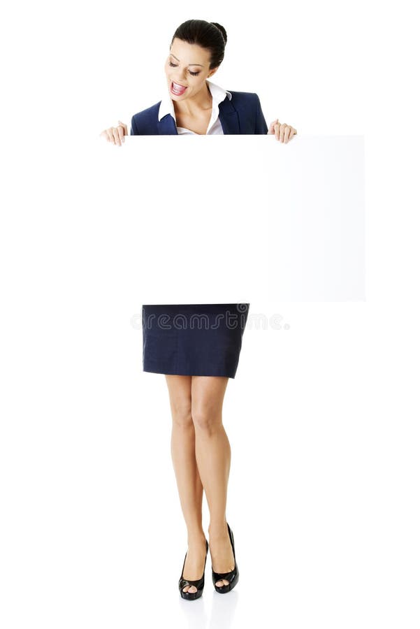 Business Woman Holding White Sign / Poster Stock Image - Image of happy ...
