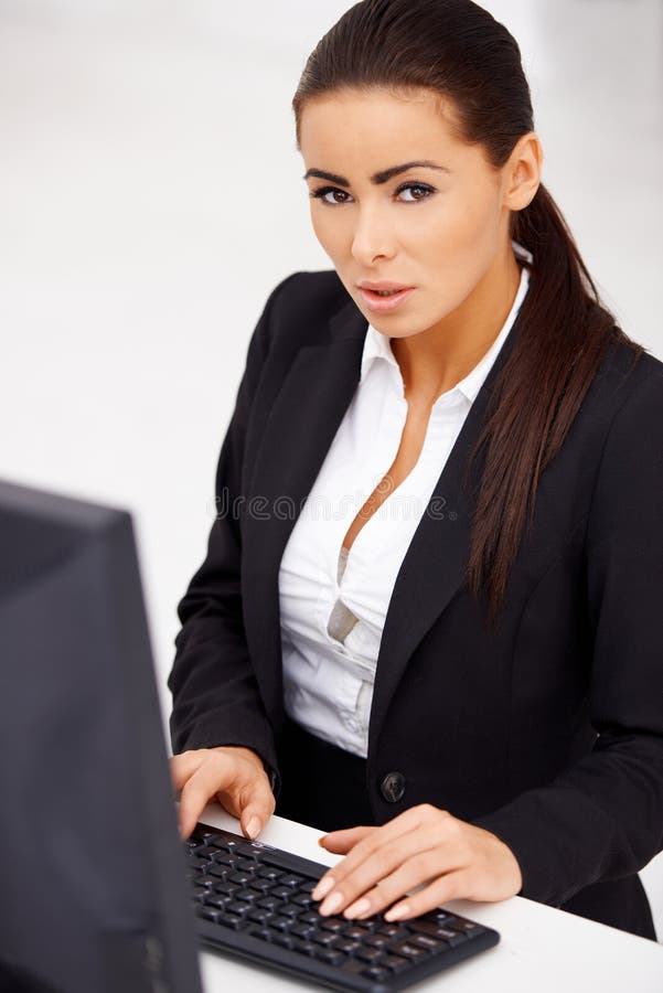 Business Woman Sitting in Front of Computer Monitor Stock Image - Image ...