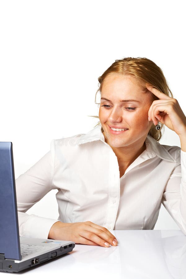 A Business Woman Smiling while Working on Laptop Stock Photo - Image of ...